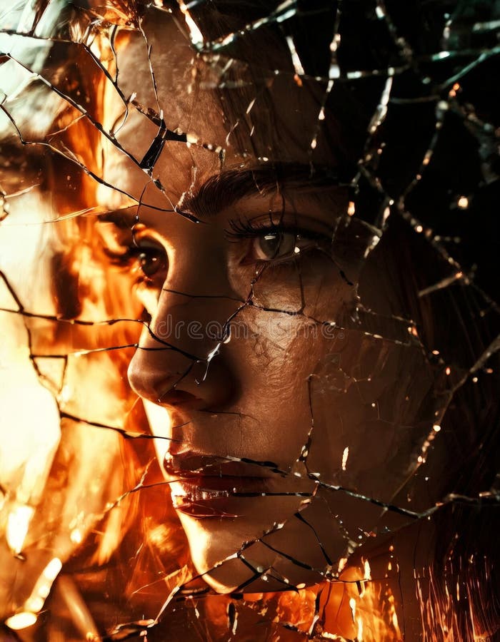 Woman S Face through Shattered Glass in Dramatic Lighting Stock Image ...