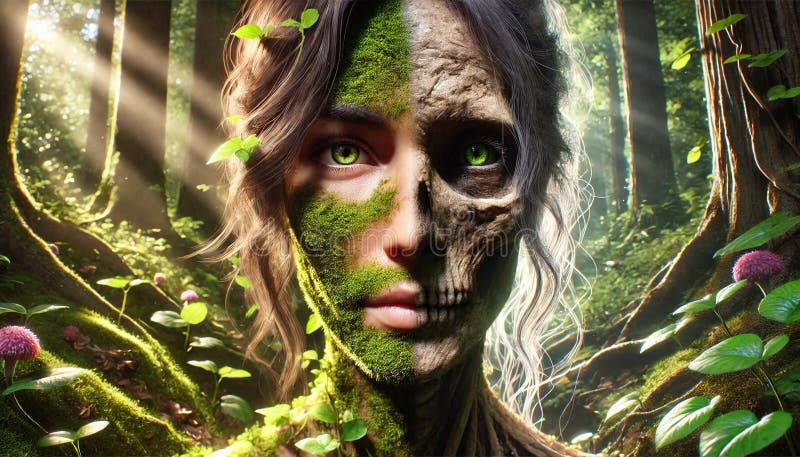 A Woman S Face is Split in Half, with One Half Covered in Green Moss ...