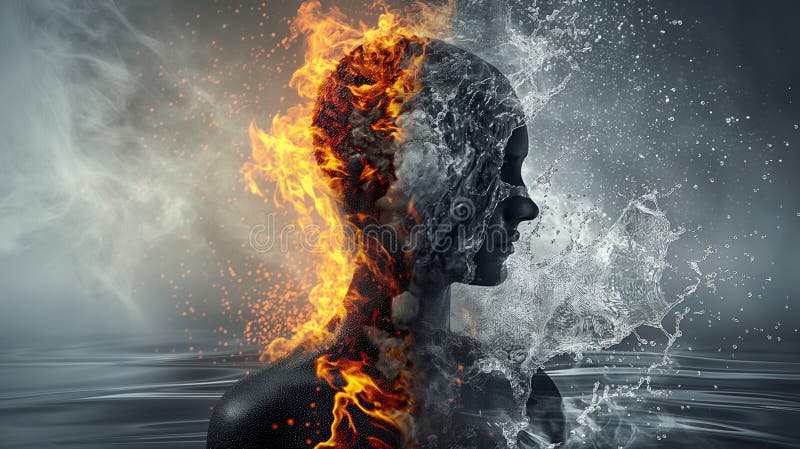 A Woman S Face is Split into Two Halves, One Half is on Fire Stock ...