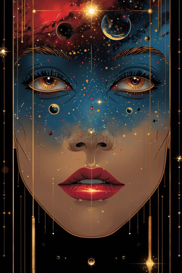 A Woman S Face with Stars and Planets in the Background, AI Stock Photo ...