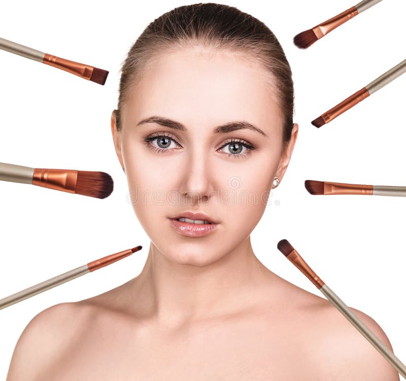 Woman`s Face Surrounded by Makeup Brushes. Stock Image - Image of ...