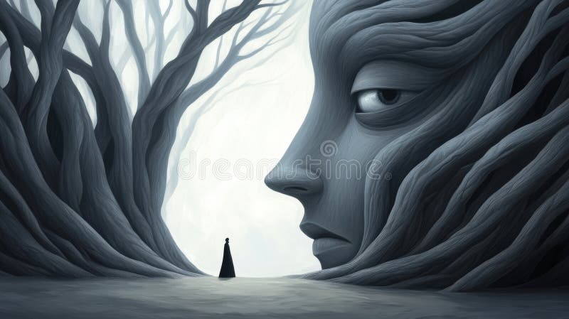 A Woman S Face is Surrounded by Trees and a Black Figure, AI Stock ...