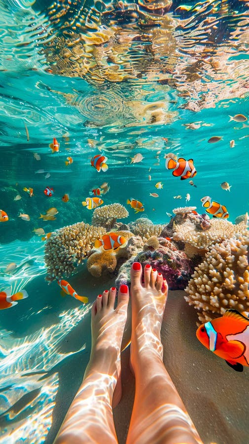 Woman& X27;s Feet in the Water with Fish and Corals Stock Image - Image ...
