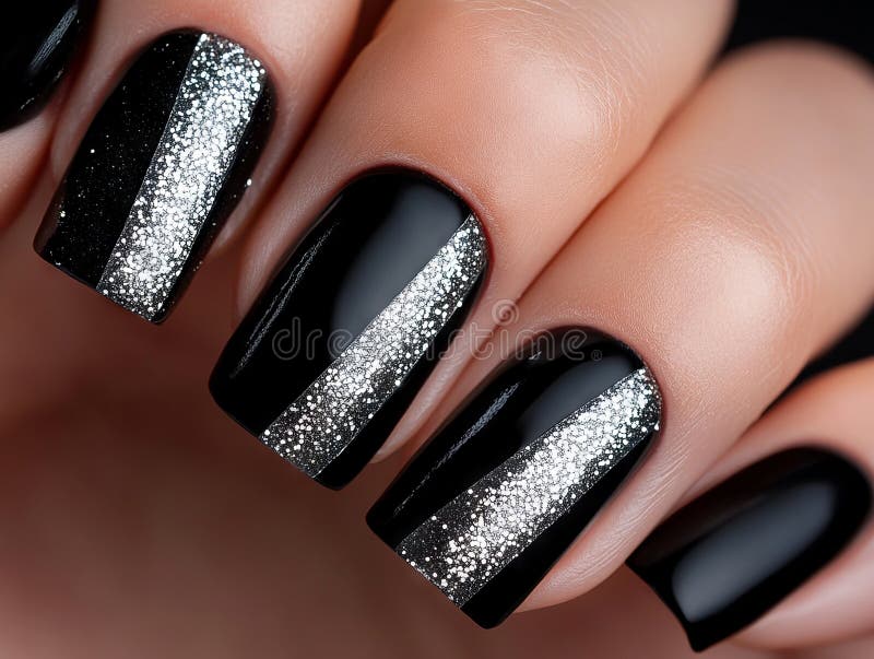 A Woman S Hand with a Black and Silver Manicure Stock Photo - Image of ...