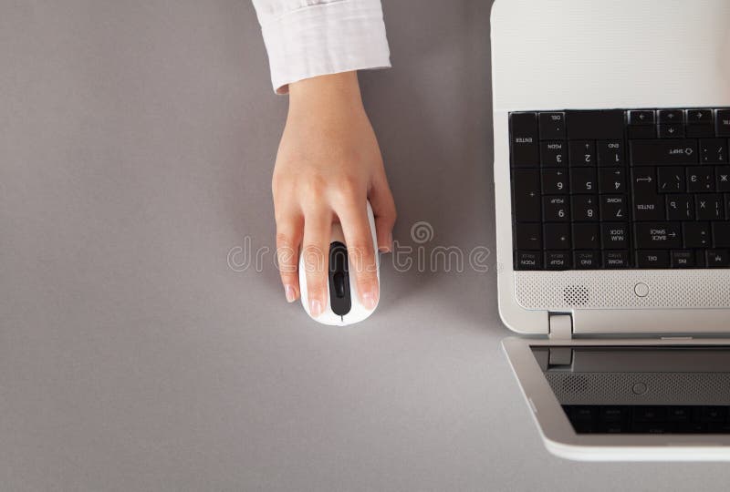 Woman`s Hand with Computer Mouse on Table. White Computer Stock Photo ...