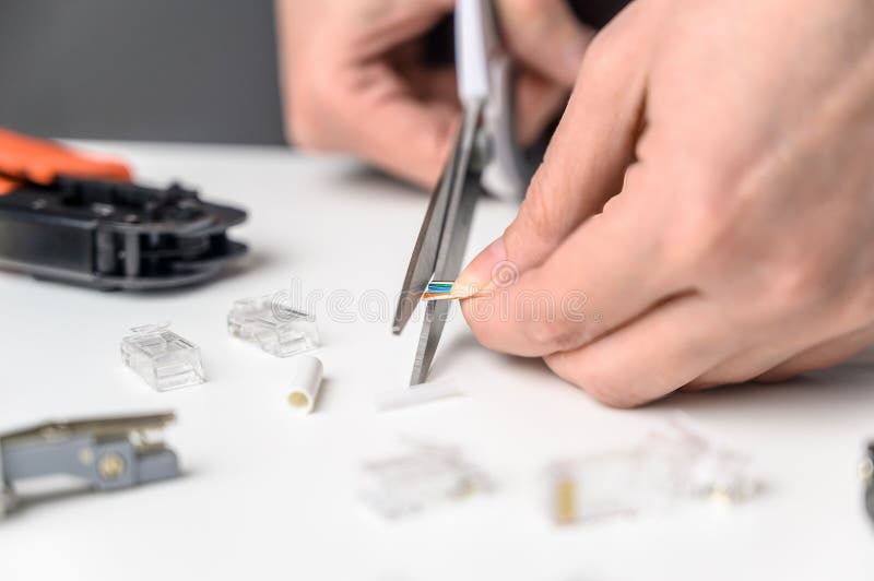 A Woman S Hand Cuts the Ends of the Wire for a Utp Ethernet Network ...