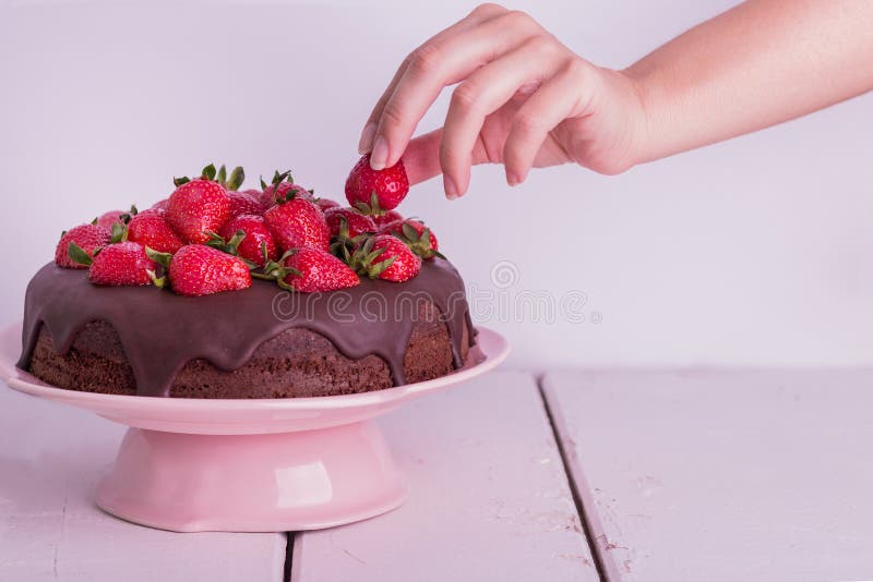 Woman S Hand Decorated with Strawberry Chocolate Cake. Stock Photo ...