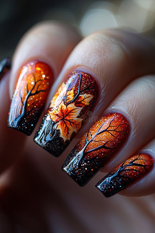 A Woman S Hand Holding a Black and Orange Manicure with a Tree Design ...