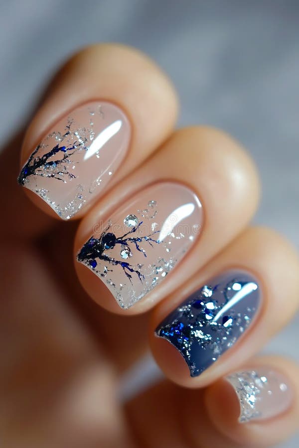 A Woman S Hand Holding a Blue and Silver Manicure with a Tree on it ...