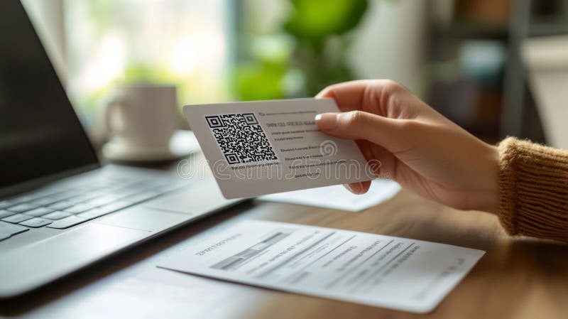 Woman S Hand Holding a Card with QR Code at Desk Stock Illustration ...