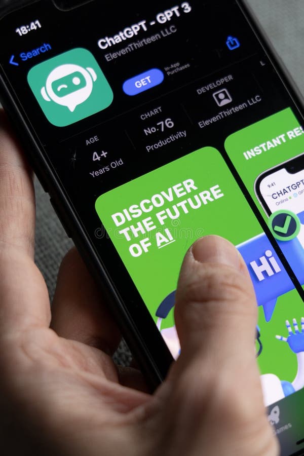 Woman`s Hand Holding an IPhone with Appstore and ChatGPT and Chat Bot ...