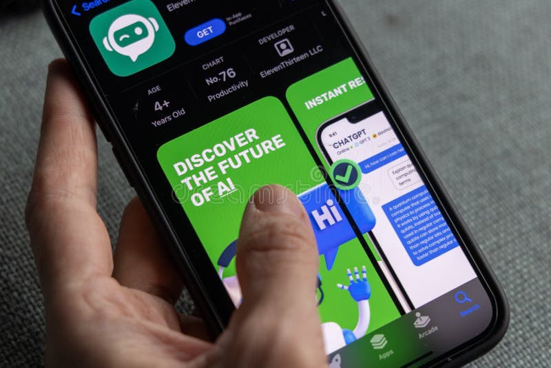Woman`s Hand Holding an IPhone with Appstore and ChatGPT and Chat Bot ...