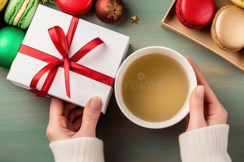 Woman S Hand Holding Macarons from the Box. Coffee and Tea Break Time ...