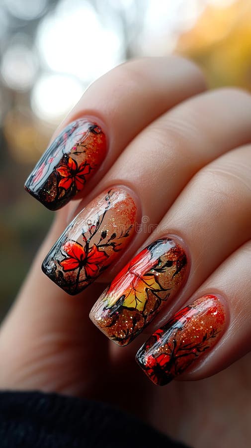 A Woman S Hand Holding a Mani with a Fall Themed Design on it Stock ...