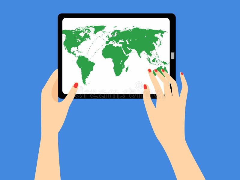 Woman S Hand Holding a Tablet with World Map on the Screen Stock Vector ...