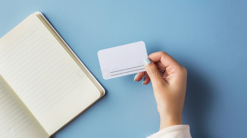 Woman S Hand Holds Card Over Open Notebook, Light Blue Background. Ai ...