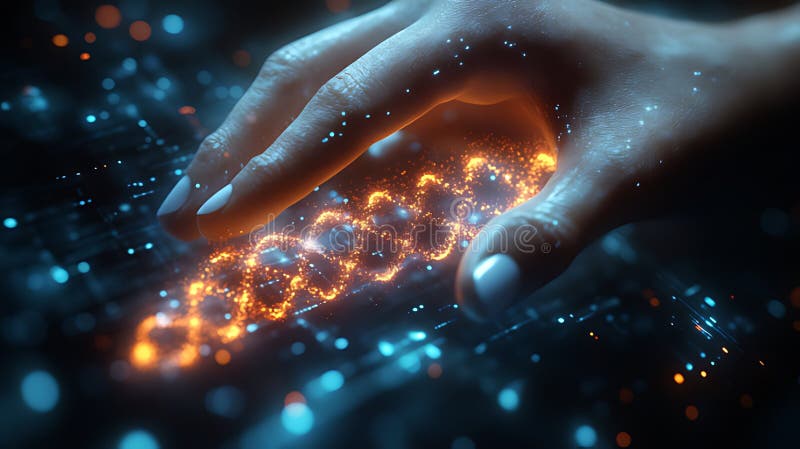 Woman S Hand Interacts with DNA Strand on Digital Surface Stock ...