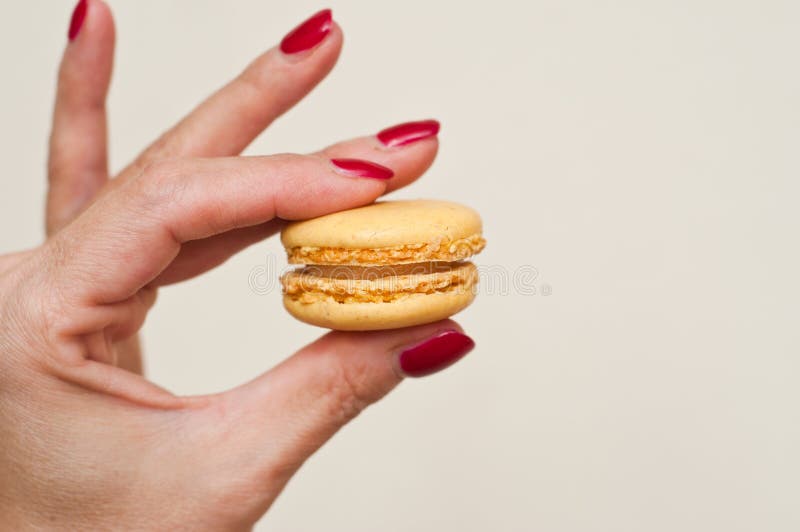 Woman s hand with macaron stock photo. Image of sugar - 46937316