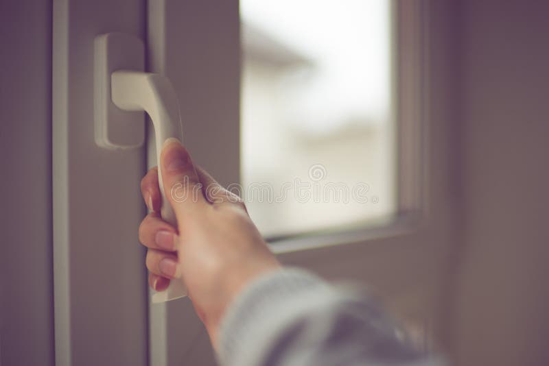 Woman`s Hand Opens the Window, Side View Stock Photo - Image of ...