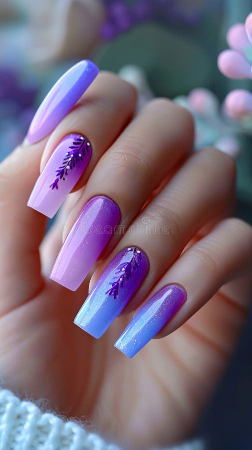 A Woman& X27;s Hand with Purple and Blue Nails Stock Image - Image of ...