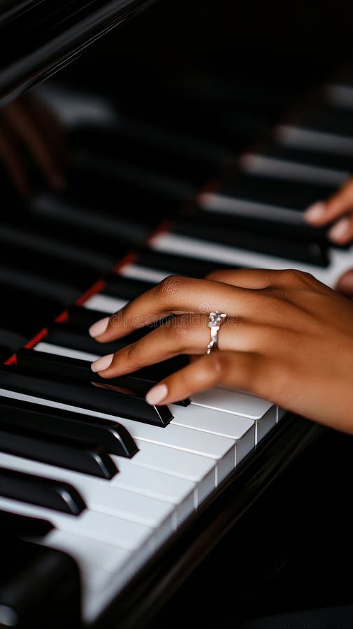 A Woman& X27;s Hand with a Ring on Her Finger Playing a Piano Stock ...