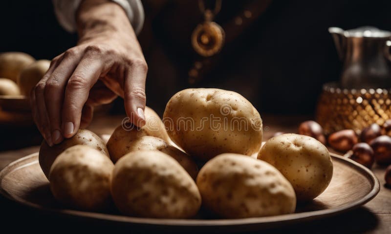 Woman S Hand Take Potato from Tray on Kitchen Table. AI Stock Photo ...