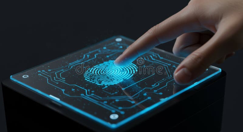 Woman S Hand Touching Fingerprint Scanner. Biometric Security Scan Concept. Digital Identity ...