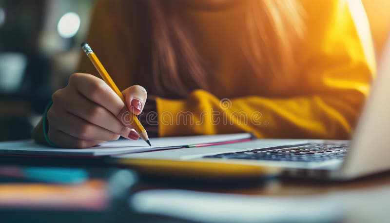 Woman& X27;S Hand Using a Pencil To Write on a Notebook Next To a ...