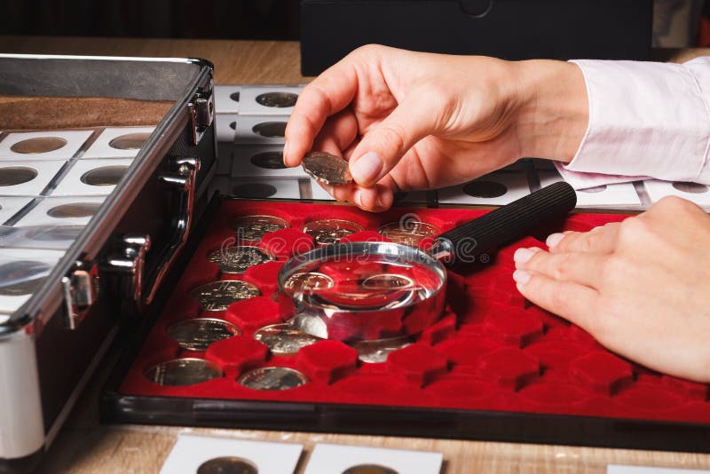 Woman`s Hands with a Coin and a Box of Coins Stock Photo - Image of ...