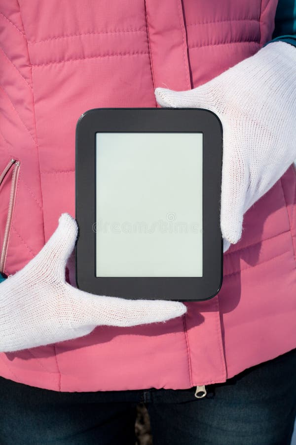 Woman S Hands Holding E-book Reader Stock Photo - Image of space, open ...