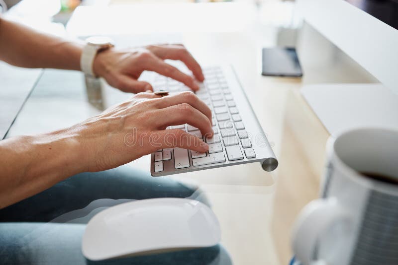 Woman`s Hands Typing on a Keyboard. Side View Close Up Stock Image ...