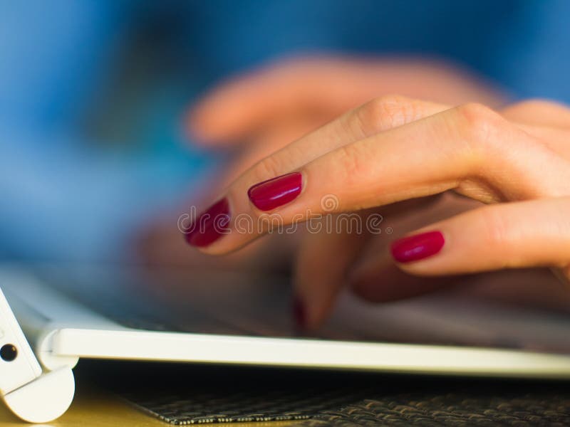 Woman`s Hands Typing on Laptop Keyboard in Interior, Side View of ...