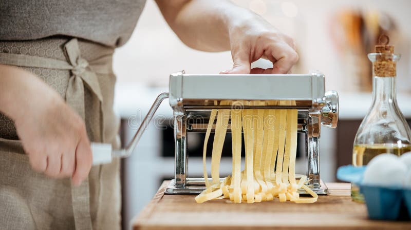 Woman`s Hands Use a Pasta Cutting Machine. Stock Photo - Image of ...