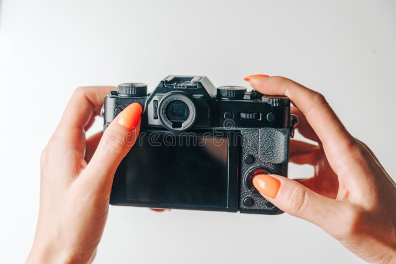 Womanâ€™s Hands Using Photo Camera with Empty Screen. Stock Image ...