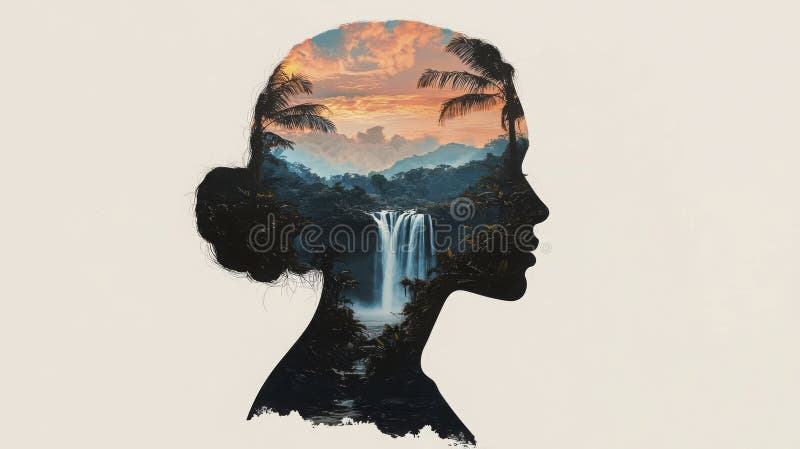 A Woman S Head is Shown in a Painting of a Waterfall Stock Photo ...