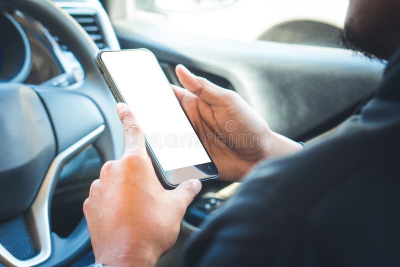 Woman`s Holding Empty Screen of Smart-phone Inside a Car Stock Photo ...