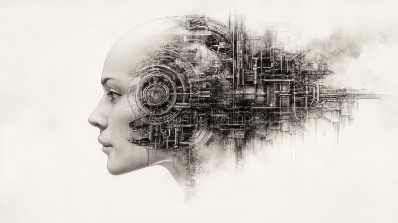 A Woman S Profile with a Complex Machine Design Emerging from Her Head ...