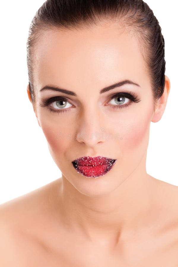 Woman S Red Lips Coated with Scattered Sugar Stock Photo - Image of ...