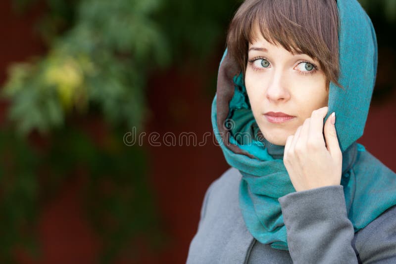 Woman with Sad Eyes in Scarf Outdoors Stock Photo - Image of park ...