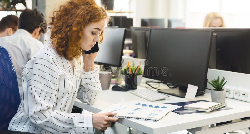Woman Sales Manager Talking on Cellphone and Reading Graphs Stock Image ...