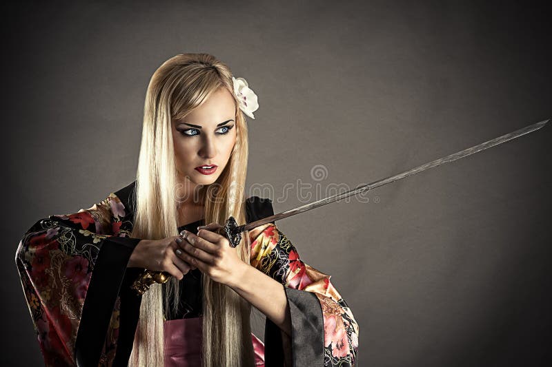 Beautiful Japanese Kimono Woman with Samurai Sword Stock Photo - Image ...