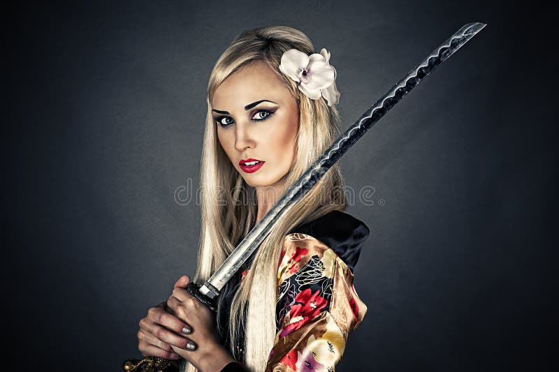 Beautiful Japanese Kimono Woman with Samurai Sword Stock Photo - Image ...