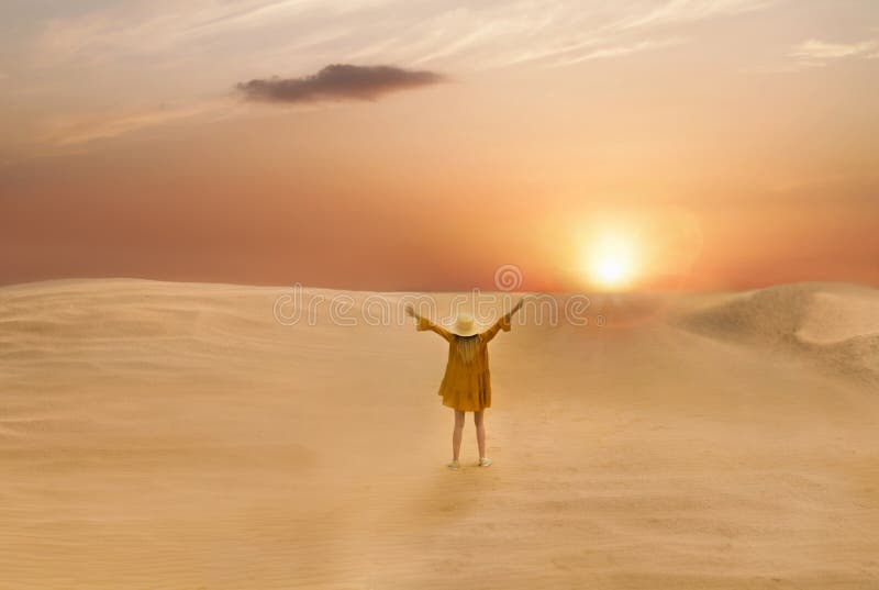 Woman in Sandy Desert at Sunset, Back View Stock Image - Image of sandy ...