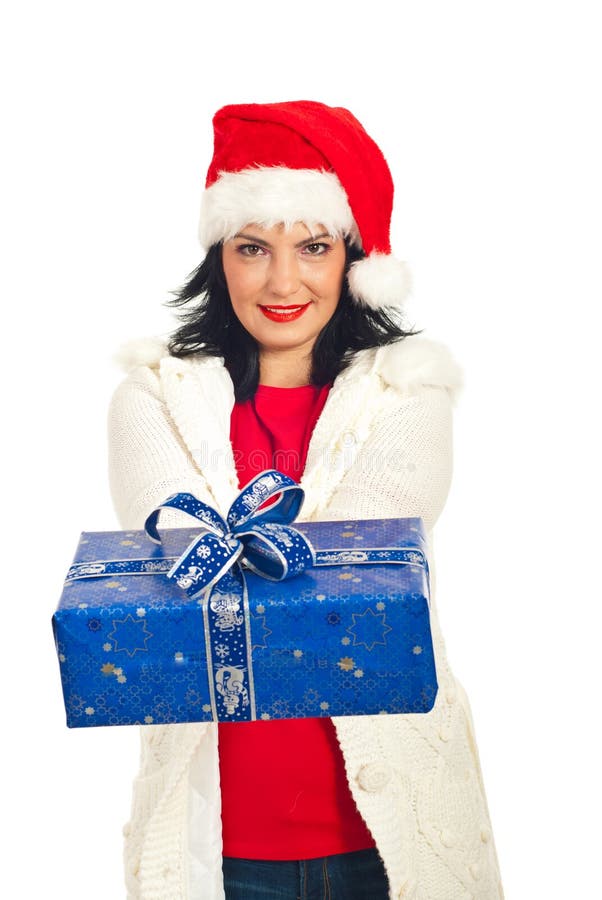 Woman with Santa Hat Giving Present Stock Image - Image of adult ...