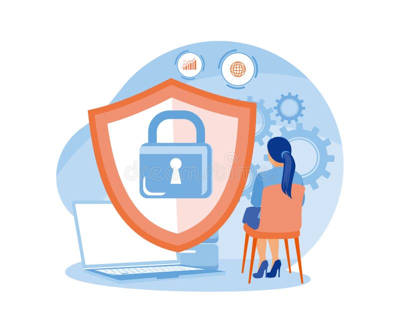 Woman Saving Data on Laptop. Save the File in the Main Folder. Database ...