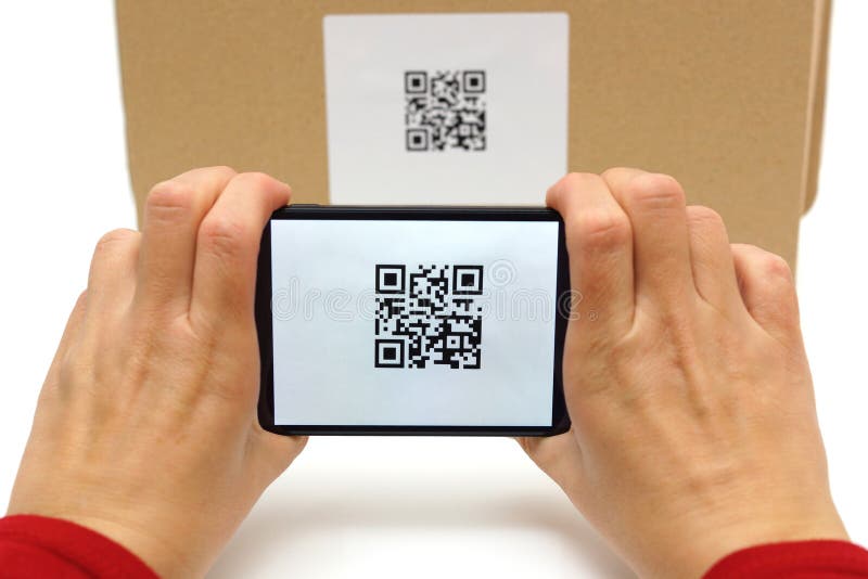 Woman scan qr code on box stock photo. Image of data - 49580666