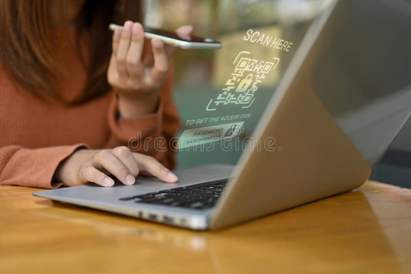 Woman Scanning QR Code with Her Phone Login on Laptop. User Privacy ...