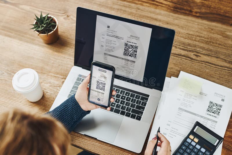 Woman Scanning QR Code from Invoice To Make Payment Using Fast Secure ...