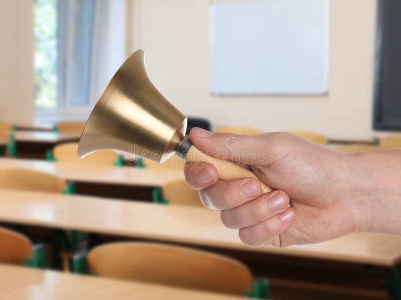 Woman with School Bell in Empty Classroom, Closeup Stock Photo - Image ...