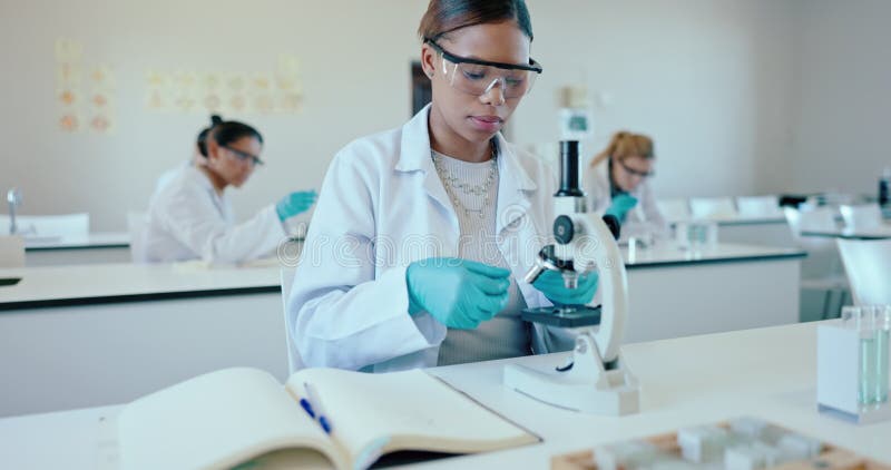Woman, Science and Notes with Microscope, University and Education To ...